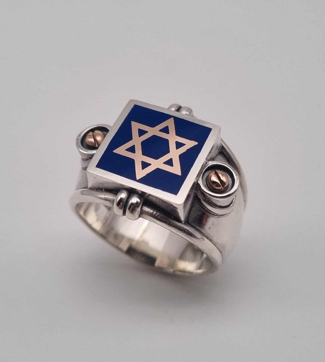 Star of David Ring With Blue Enamel RED Gold 9K Red 925 Silver Sterling ...
