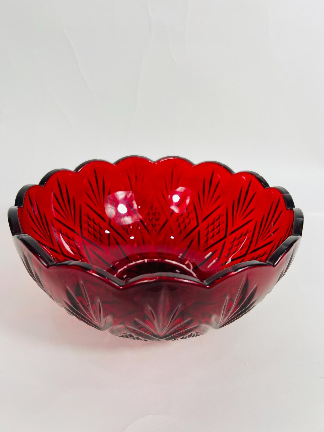 Vintage Ruby Red Cut Glass Bowl Scalloped Rim Heavy Pressed Glass - Etsy