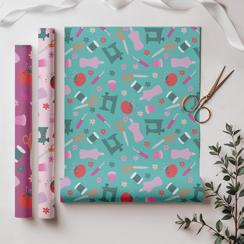 Seamless Sewing Pattern Digital Paper - Sewing Machine, Scissors ...