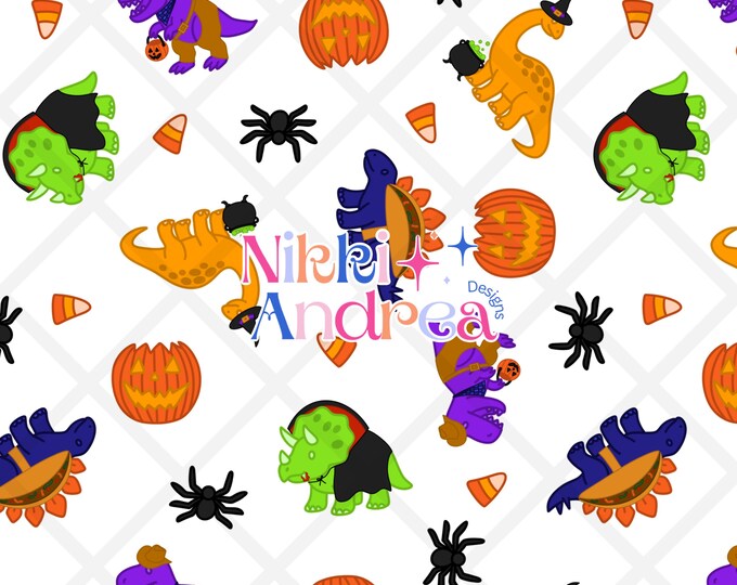 Kawaii Cute Halloween Dinosaur Seamless Pattern With Cute Dinosaurs in ...