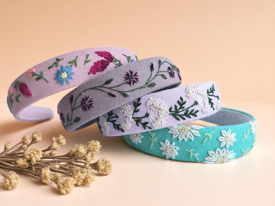 Flower Embroidery Linen Headband, Hand Embroidered Headband, Handmade ...