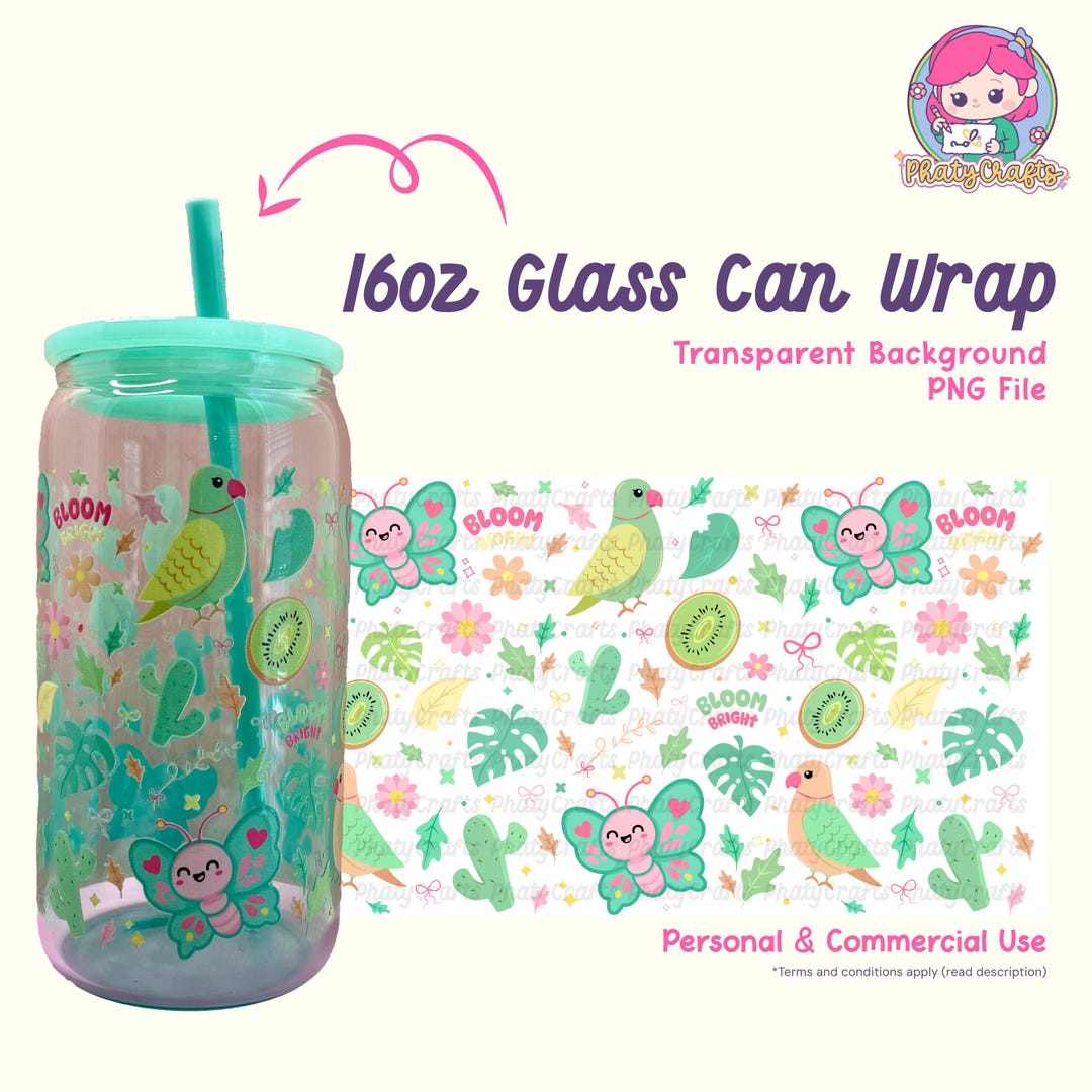Parrot and Butterfly 16oz Libbey Glass Can Wrap, UV DTF, Sublimation ...