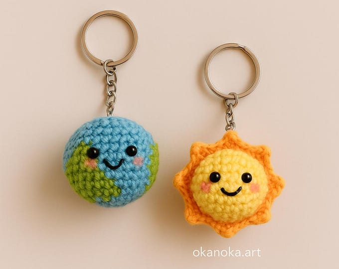 Cute Crochet Earth and Sun, Cute Space Keychain, Earth Keychain, Sun ...