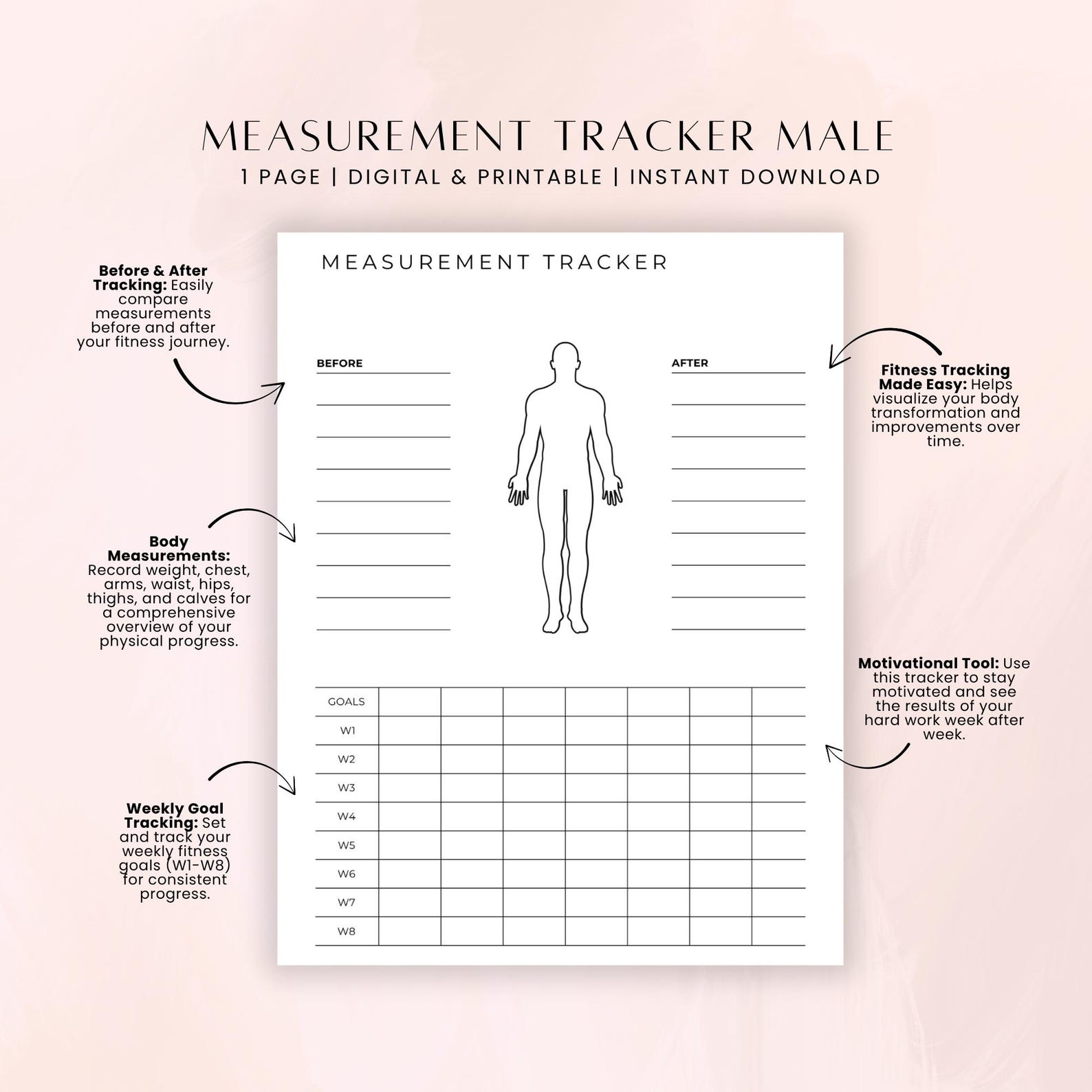 Male Measurement Tracker Printable PDF, Body Measurement Log, Fitness ...