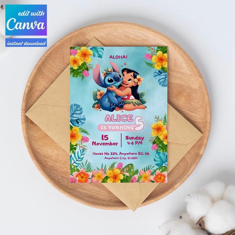 Lilo and Stitch Birthday Invitation Girl | Editable Hawaiian Luau Party ...