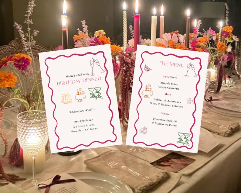 Editable Birthday Dinner Invitation & Menu Template | Elegant Dinner ...