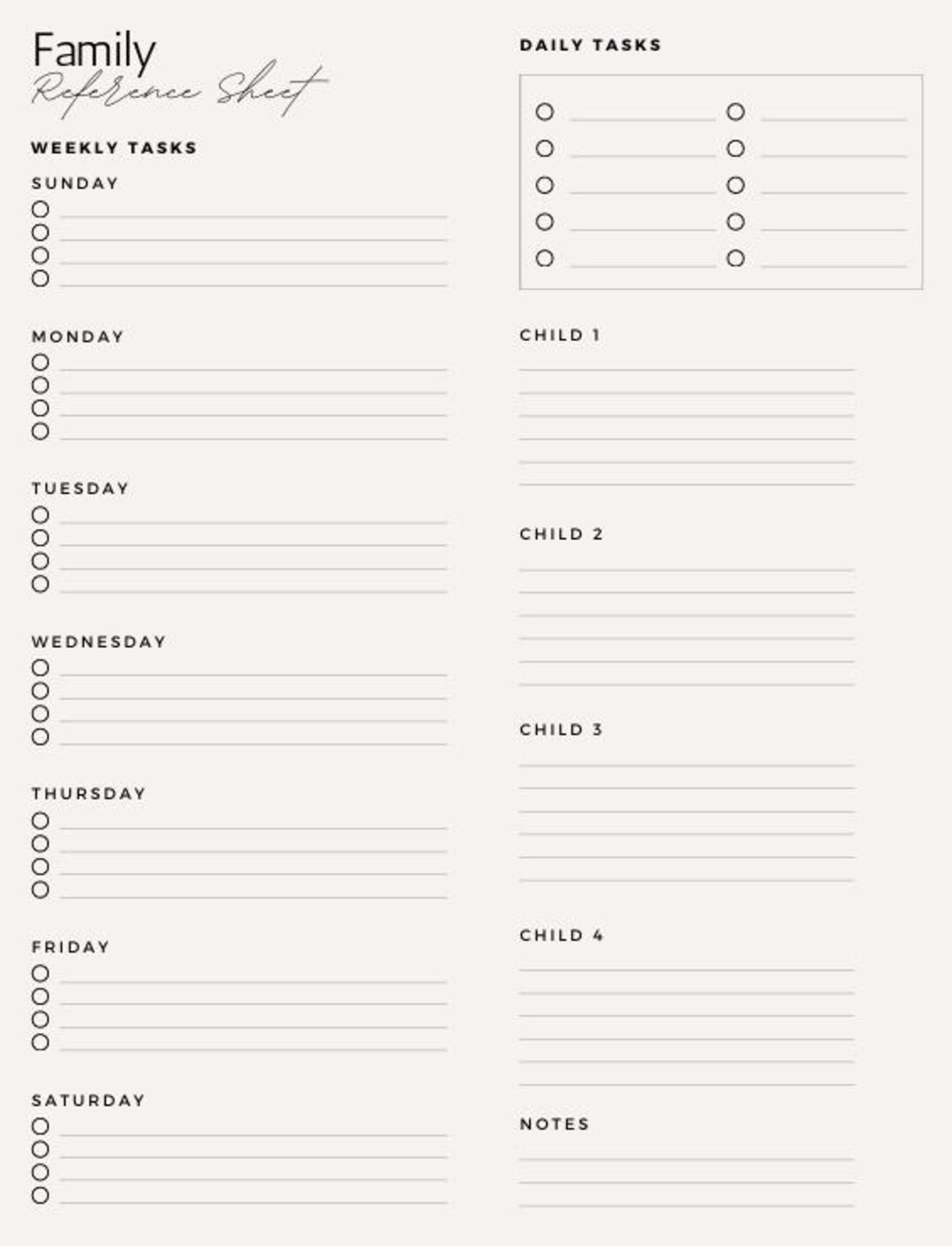 Family Reference Sheet for Fridge: Weekly Tasks, Food Inventory Planner ...