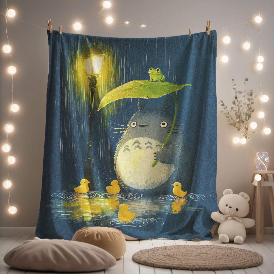Totoro Inspired Forest Spirit Sherpa Fleece Blanket, Rainy Day With ...