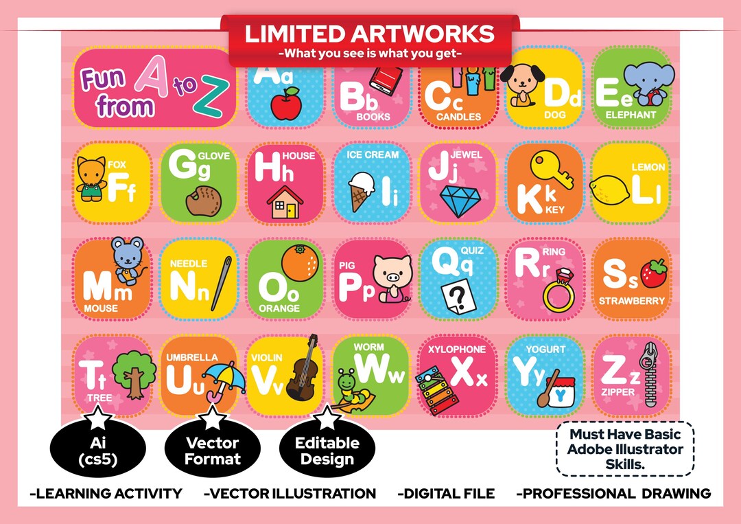 Alphabets Digital Vector for Kids Learning Activity With Pink Cute ...