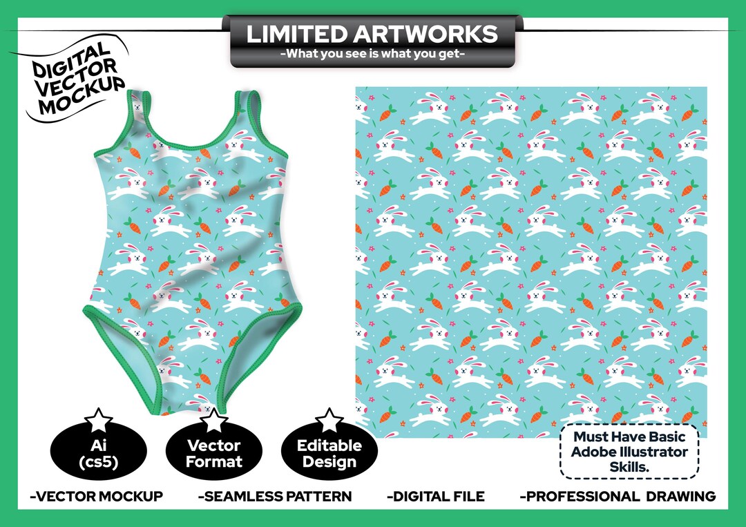 Swimming Suit Vector Mock-up for Girls With Rabbit and Carrot Pattern ...