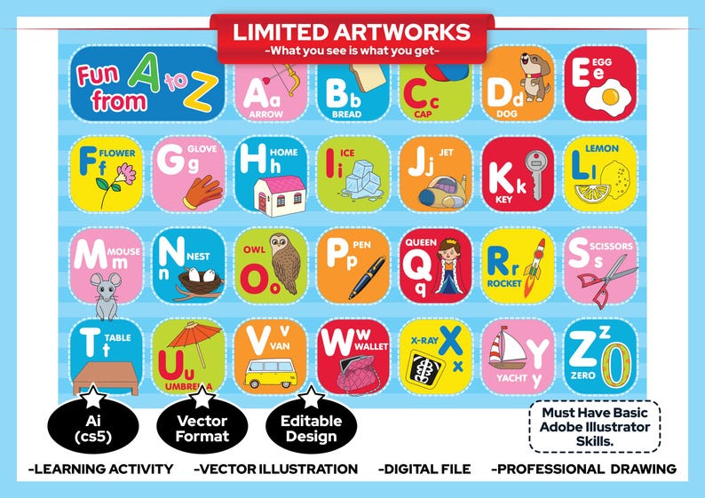 Alphabets Digital Vector for Kids Learning Activity With Blue Cute ...