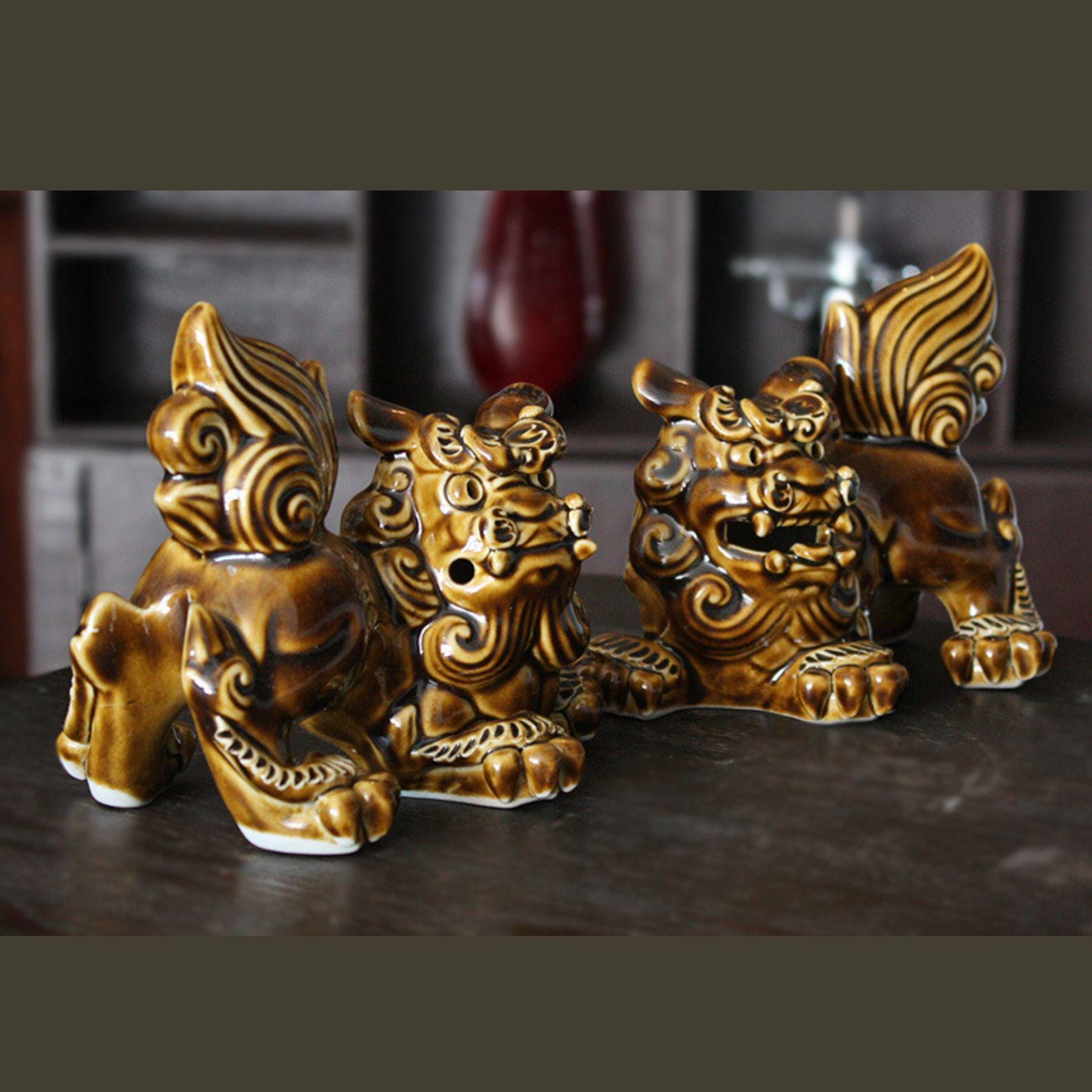 Vintage Ceramic Foo Dogs, Japanese Guardian Lion Statues, Pair - Etsy