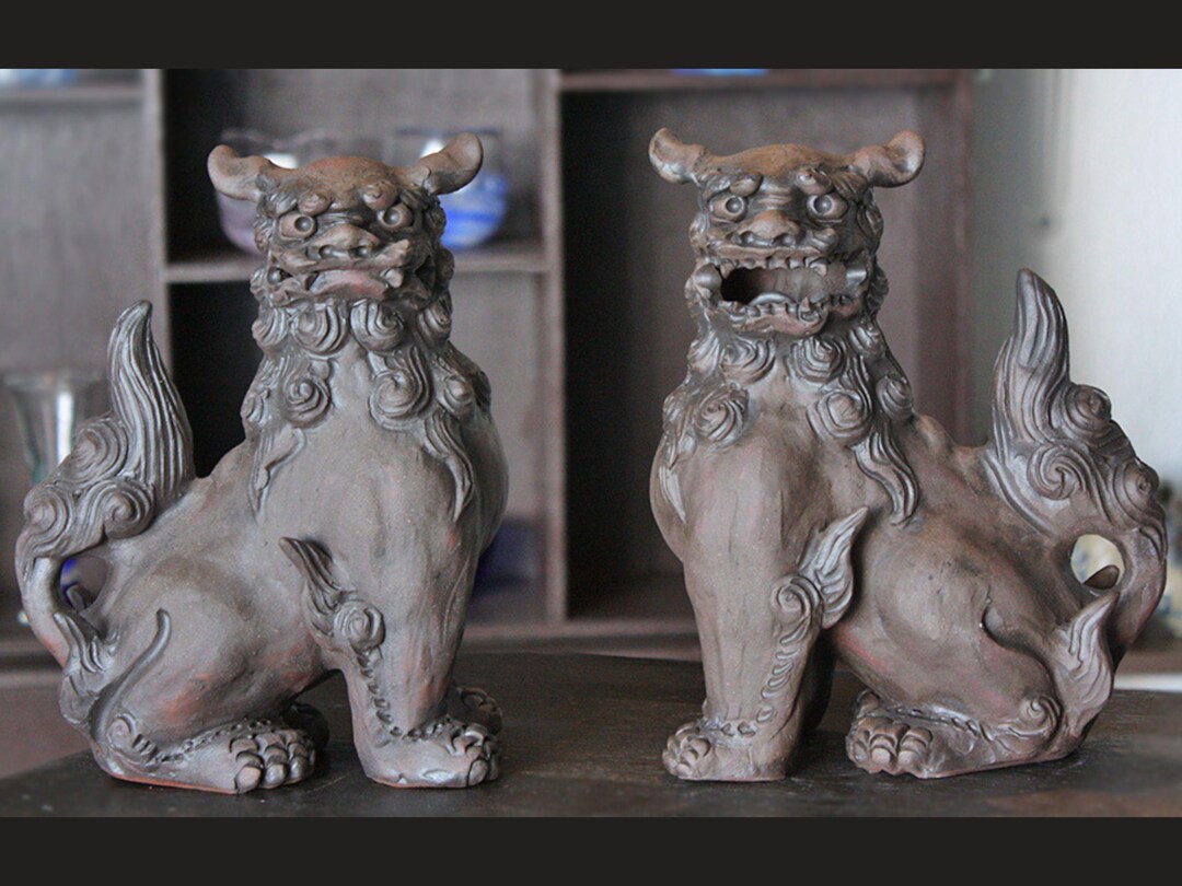 Okinawa Shisa Statue Pair, Black Ryukyu Ceramic Guardian Dogs - Etsy