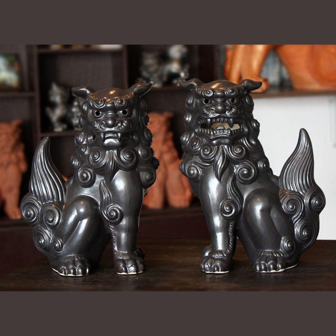 Okinawan Shisa Dog Pair: Black Ceramic Guardian Statues - Etsy