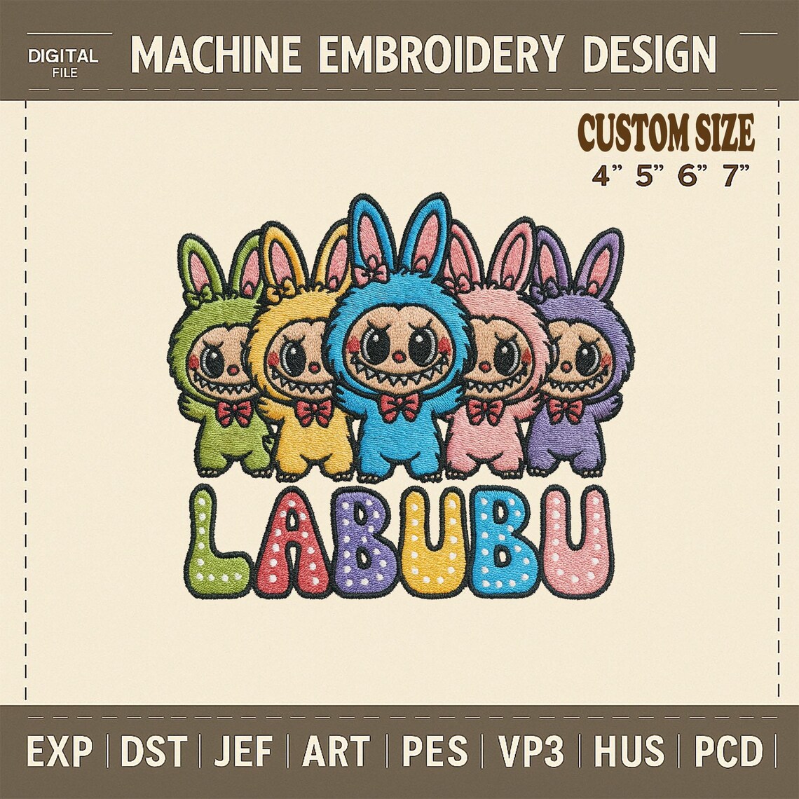 Labubu Bunny Embroidery File – Cute Colorful Bunny Monster Character ...