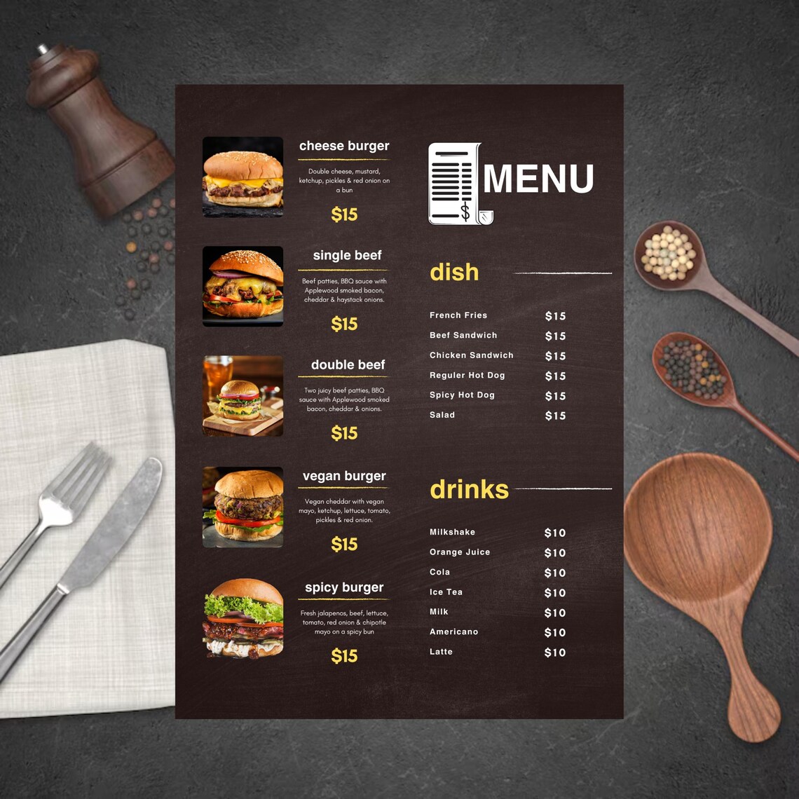 Editable Restaurant Menu Template • Printable Food Menu • Modern Cafe ...