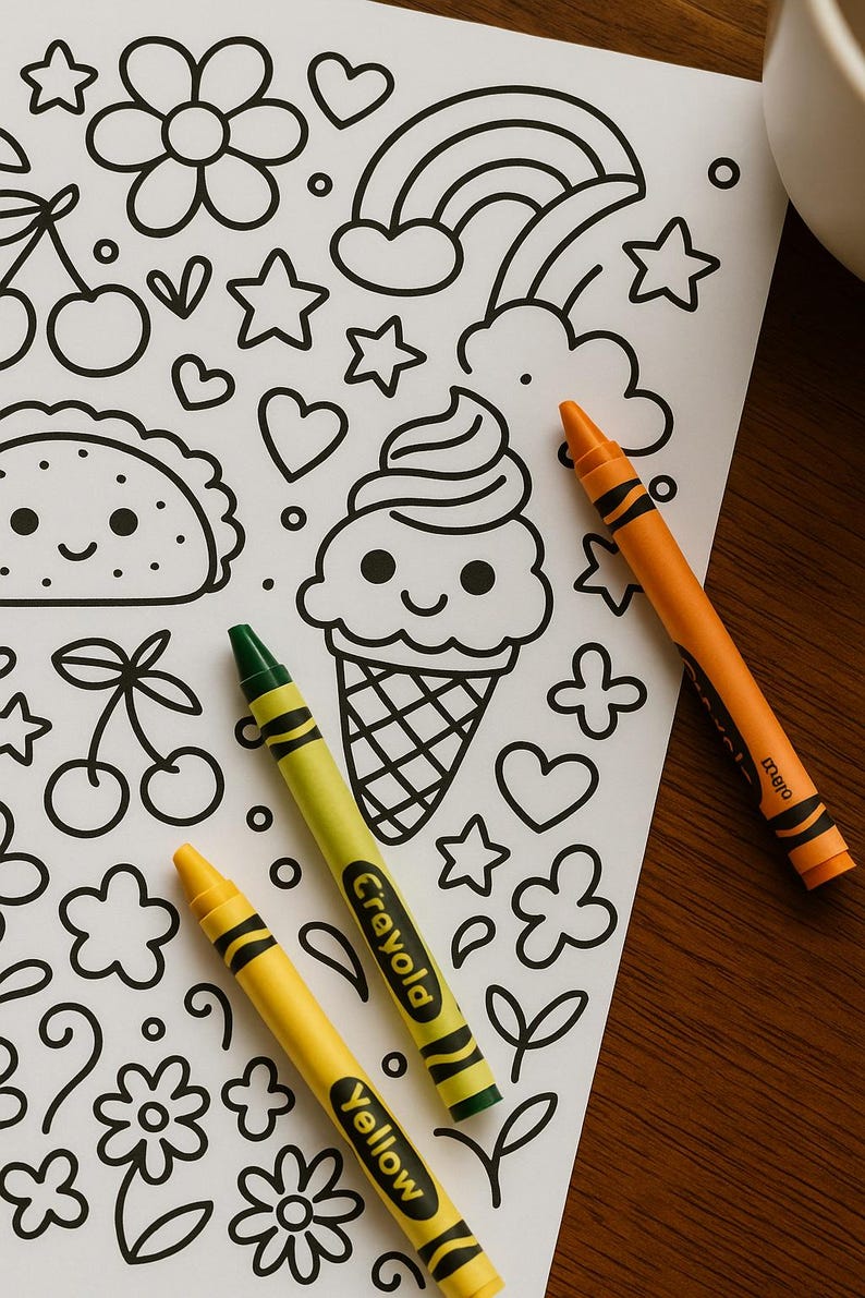 Cute Doodle Coloring Page for Kids & Adults – Kawaii Food, Rainbows ...
