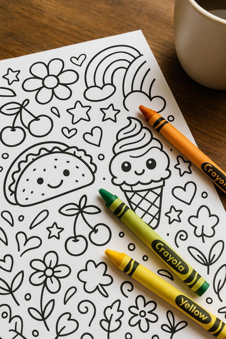 Cute Doodle Coloring Page for Kids & Adults – Kawaii Food, Rainbows ...