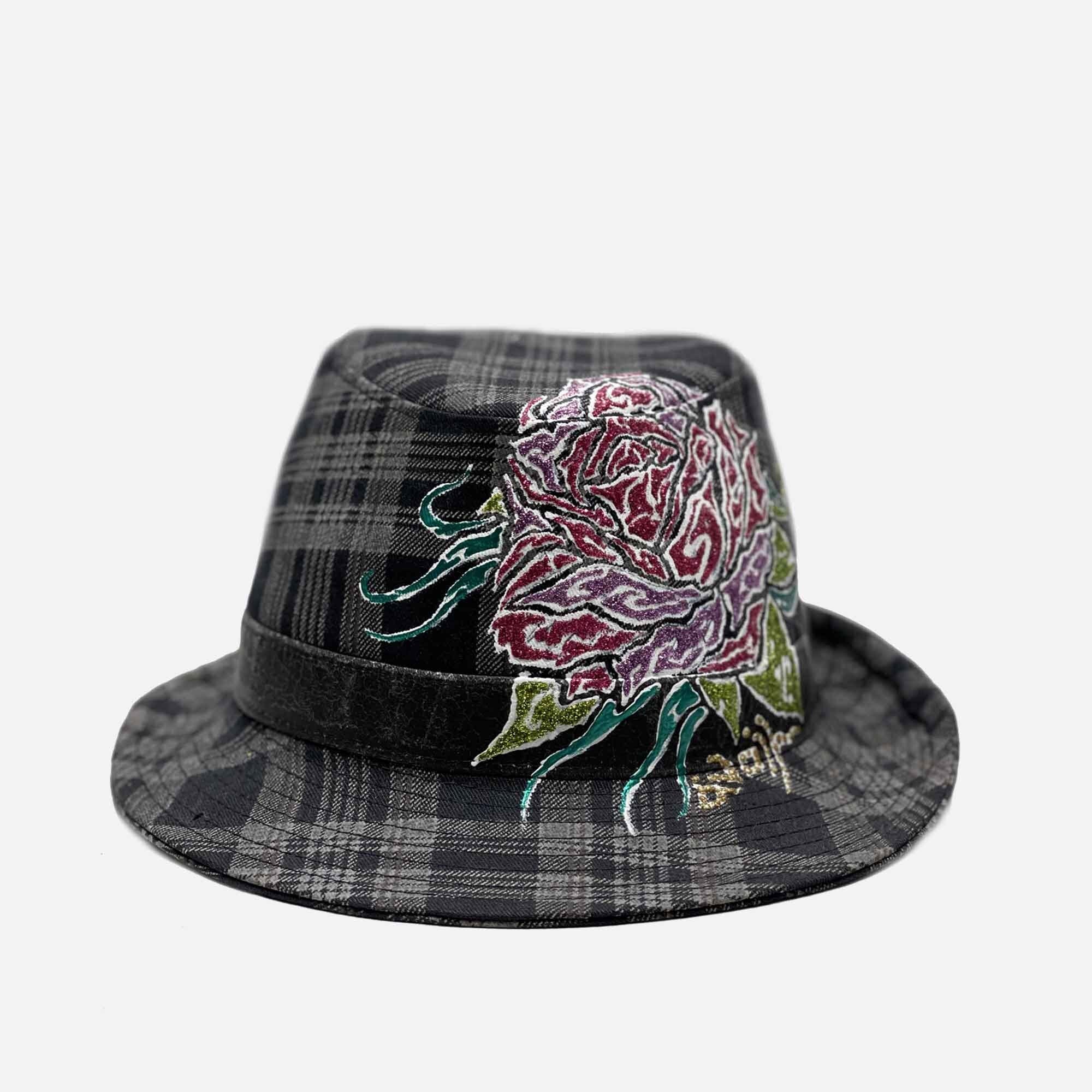 Handpainted Rose With Glitter Tattoo Style Cotton Check Fedora - Etsy