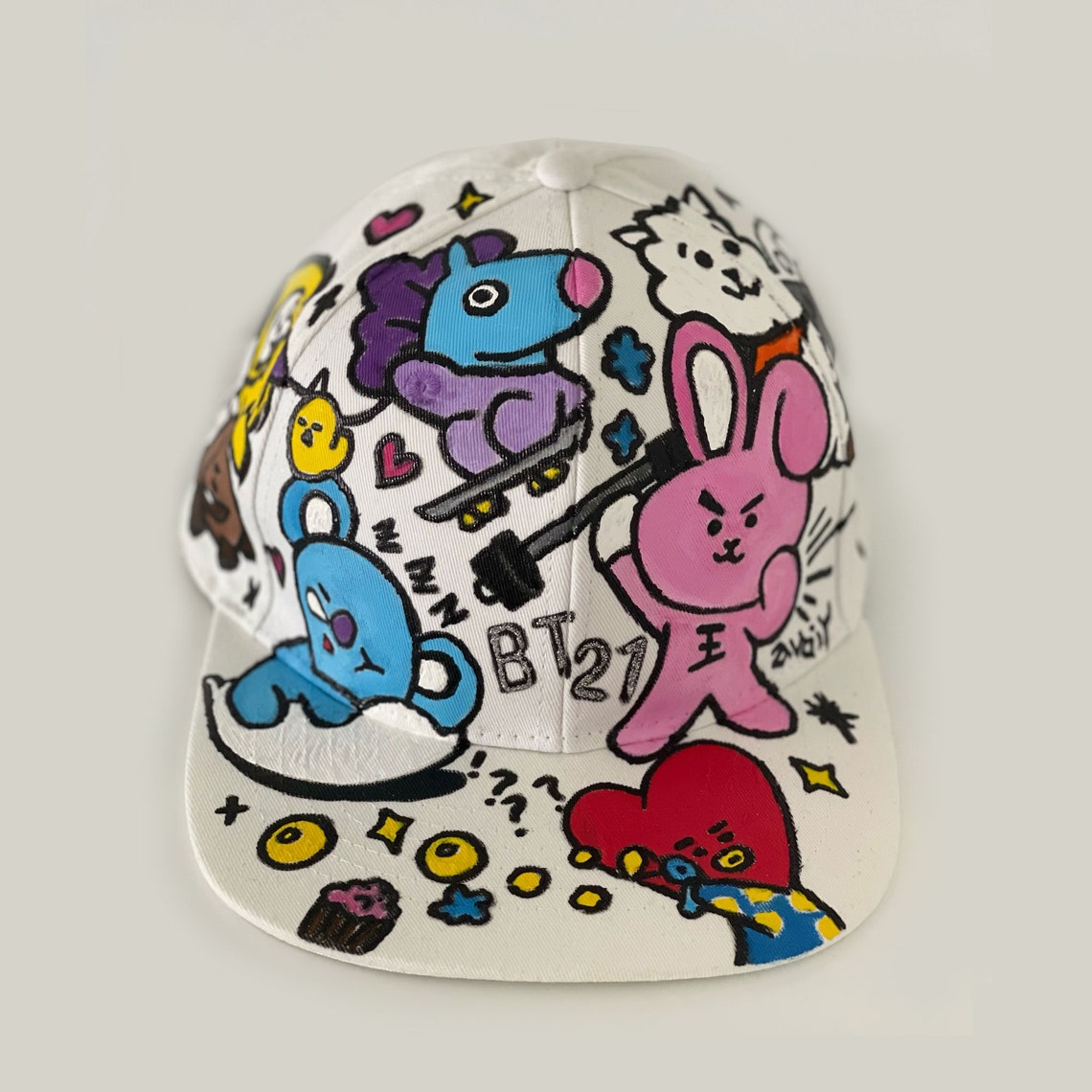 BT21 Fan Art Handpainted & Doodle White Snapback Hat With - Etsy Canada