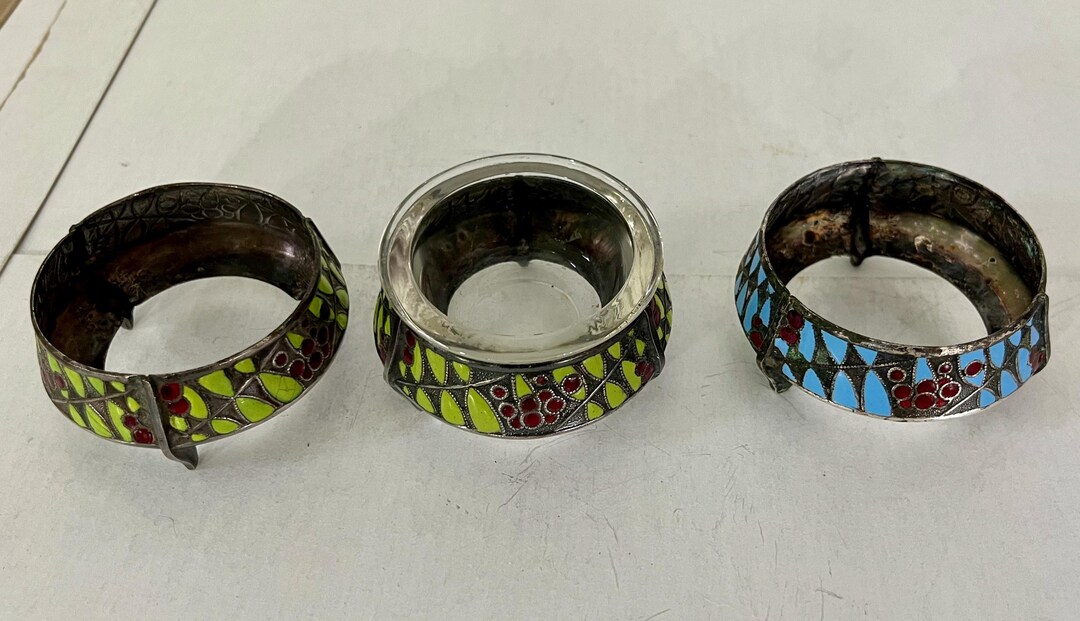 Set of Three Russian Open Salt Cellar Dishes Enameled on Silver Plate ...