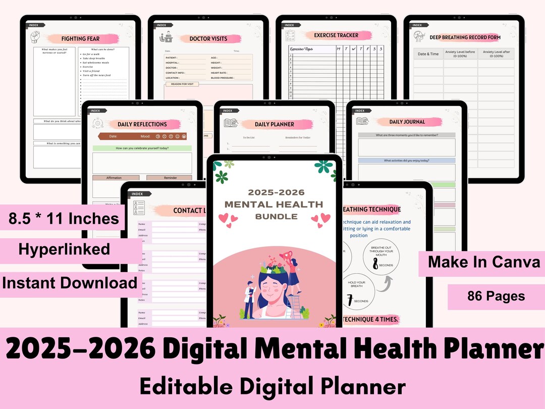 2025 Mental Health Planner Bundle, Self-care Digital Journal, Printable ...