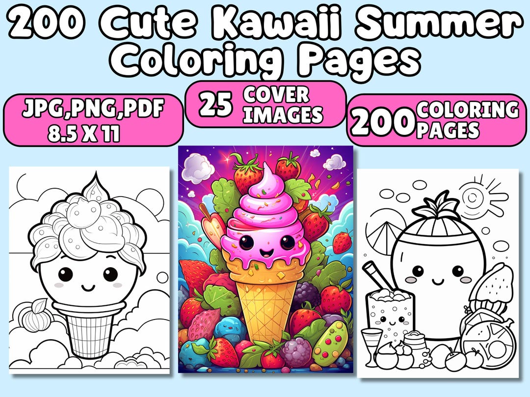 Best Seller 200 Cute Kawaii Summer Coloring Pages for Kids - Printable ...