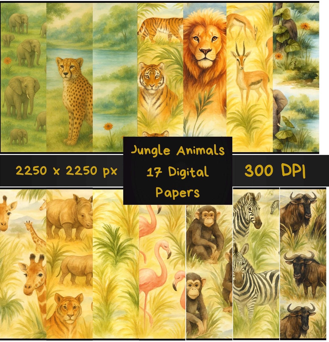 Jungle Animals Digital Paper Set | 17 Safari Backgrounds | Seamless ...