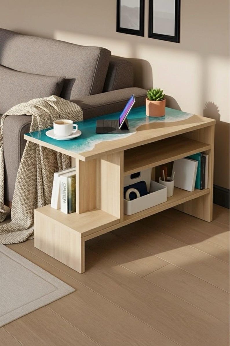 Sofa Side Table With Storage – Ocean Wave Epoxy Accent Table - Etsy
