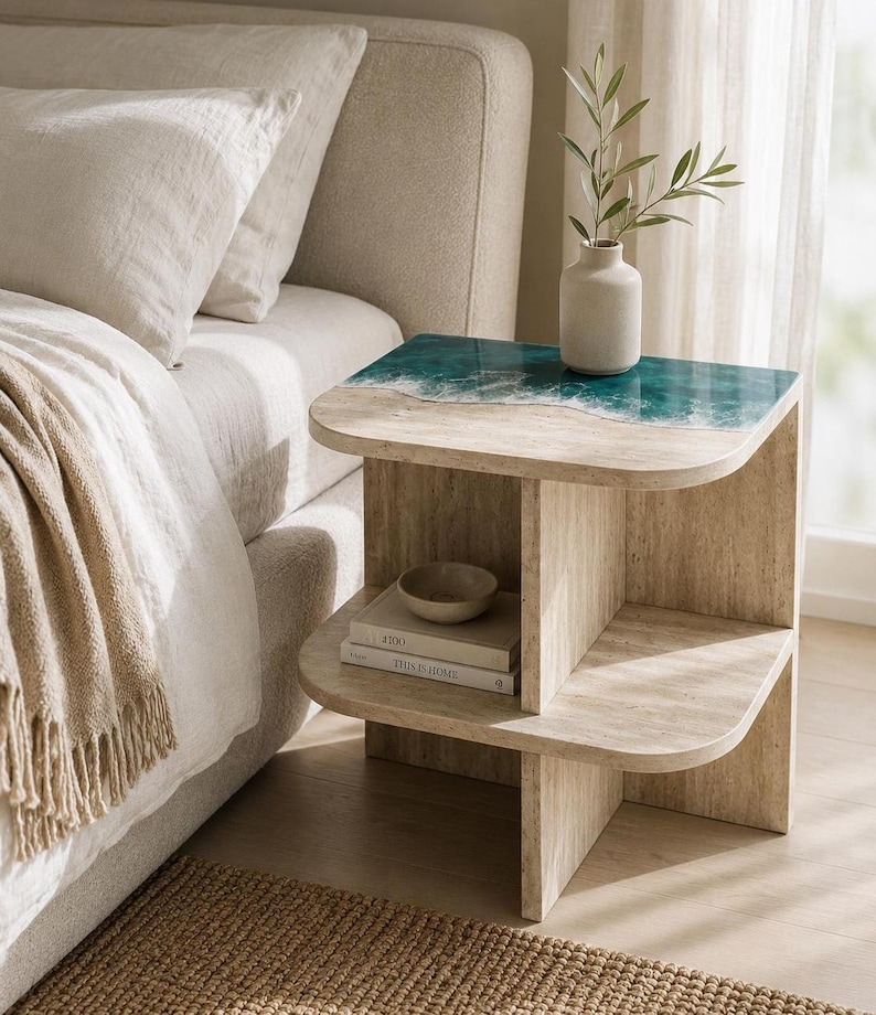 Ocean Resin Side Table, Japandi End Table, Travertine Look Nightstand ...