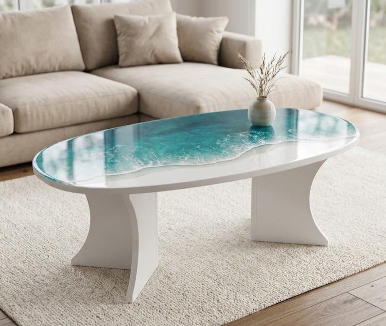 Buy Oval Ocean Resin Coffee Table, Coastal Beach Wave Design, Luxury ...