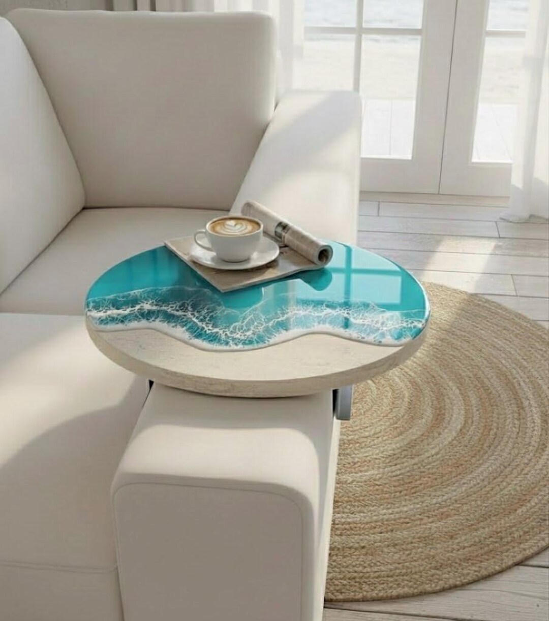 Couch Arm Table With Ocean Epoxy, Round Sofa Armrest, Travertine Look ...