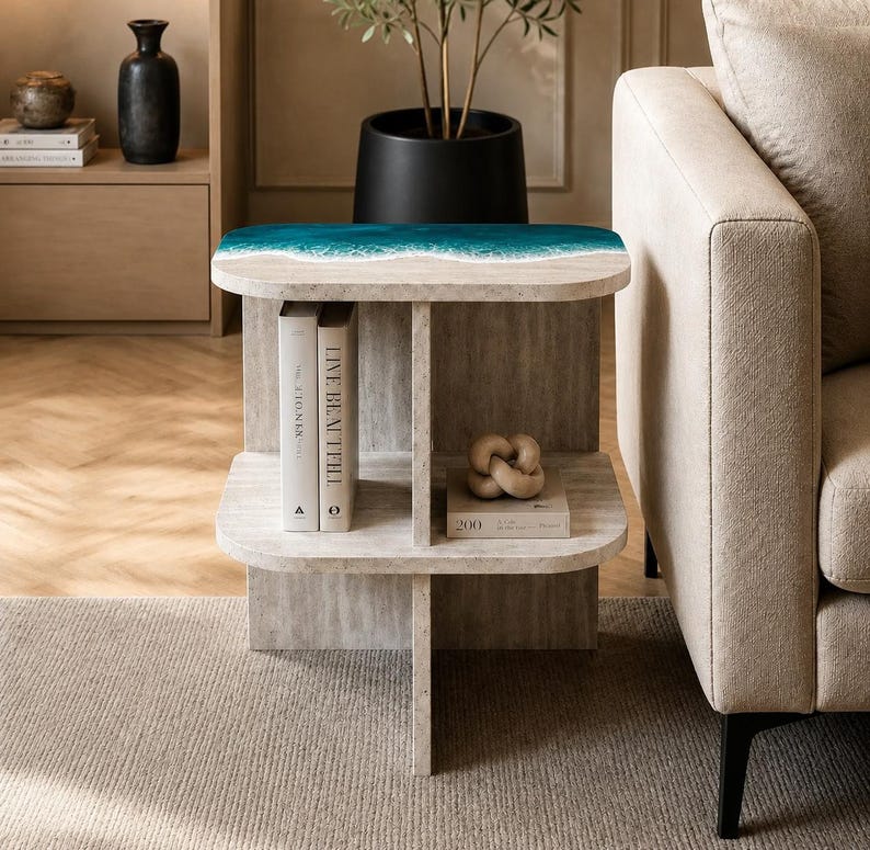 Ocean Resin Side Table, Japandi End Table, Travertine Look Nightstand ...