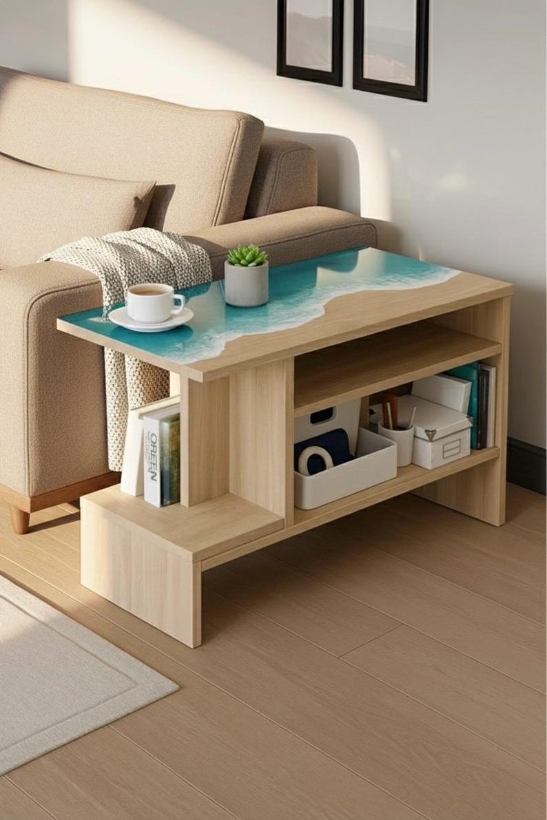 Sofa Side Table With Storage – Ocean Wave Epoxy Accent Table - Etsy