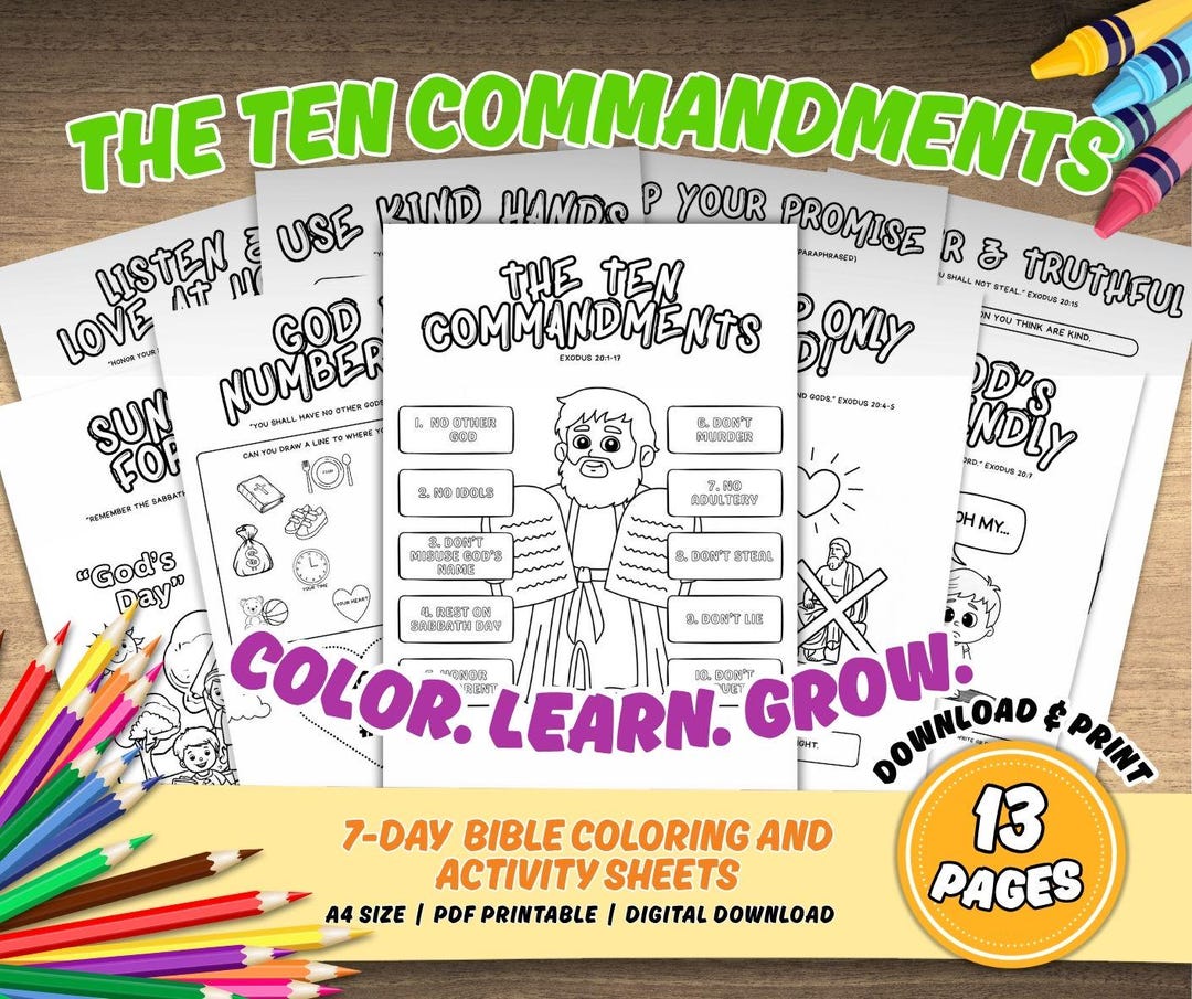 Ten Commandments Activity Bundle: Kids Bible Coloring Pages (PDF ...