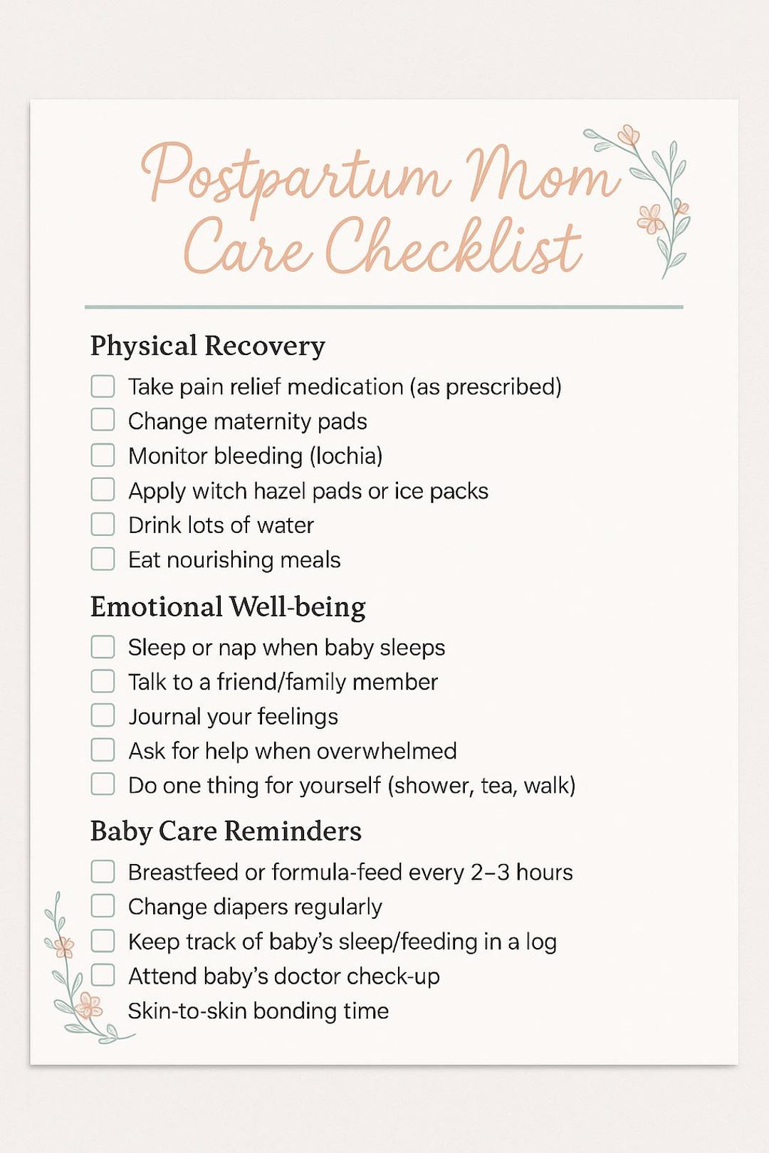 Postpartum Mom Care Checklist Printable New Mom Recovery and Selfcare Guide Instant Downlod - Etsy