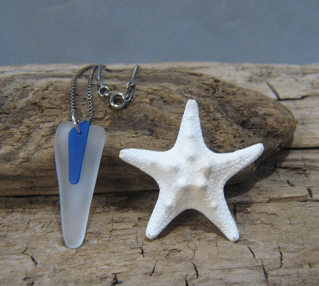 Collier de verre de mer avec verre dépoli clair et cobalt - Etsy France