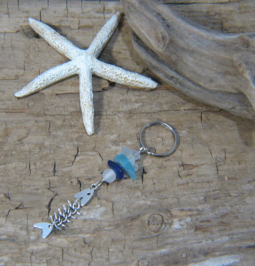 Sea Glass Key Chain With Skeleton Fish - Etsy