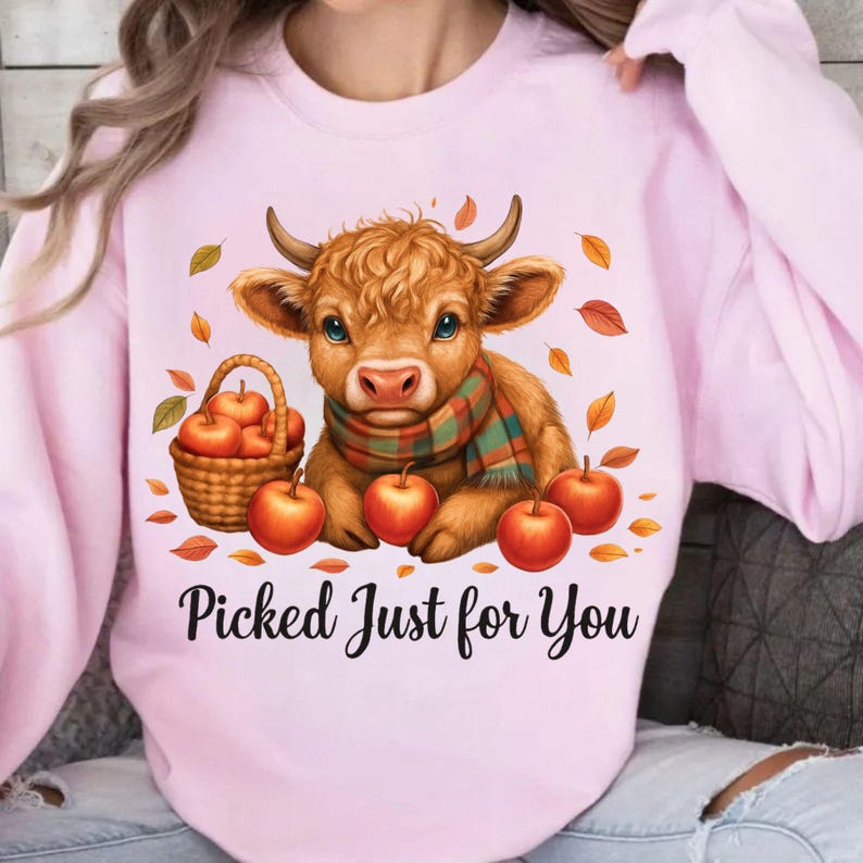 Fall Highland Cow PNG: Apple Picking Clipart, Cozy Autumn Design ...