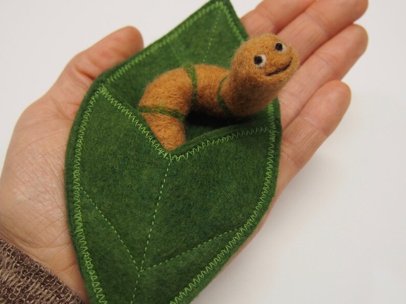 My Friend Worm Needle Felted Worm and Wool Felt Leaf Pouch | Etsy