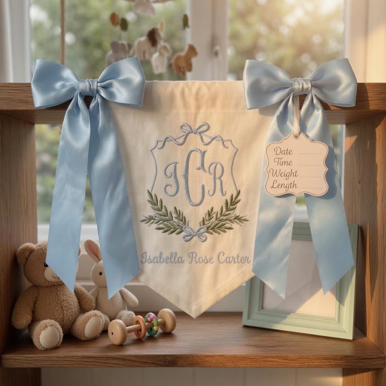 Custom Embroidered Canvas Banner, Floral Wreath Name Sign, Nursery ...