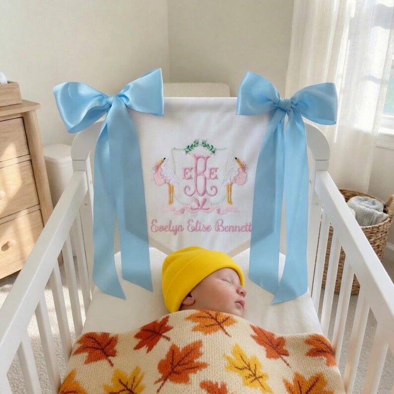 Custom Hand Embroidered Baby Name Banner, Floral Wreath Monogram ...