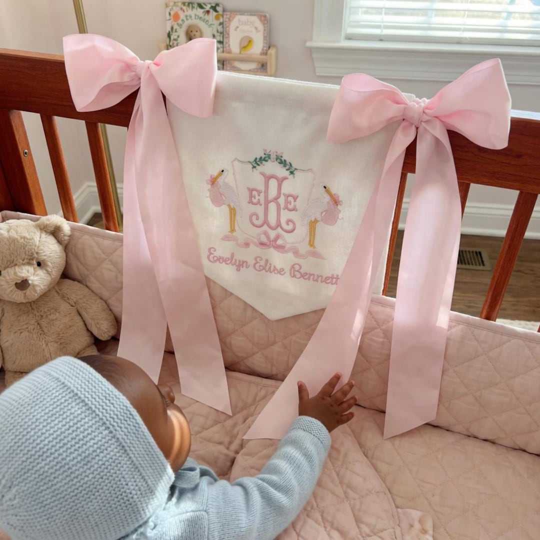 Custom Hand Embroidered Baby Name Banner, Floral Wreath Monogram ...