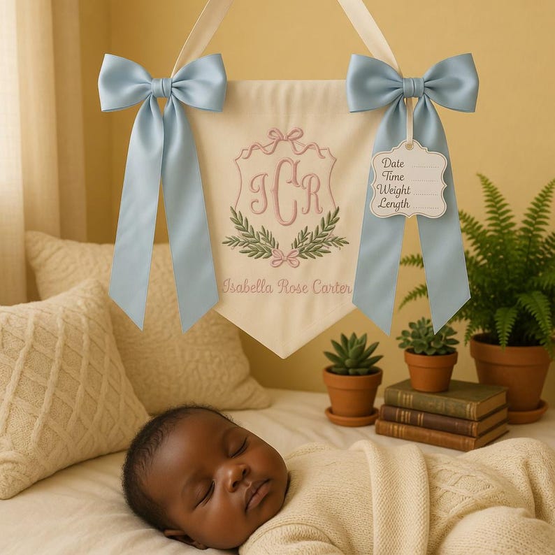 Custom Embroidered Canvas Banner, Floral Wreath Name Sign, Nursery ...