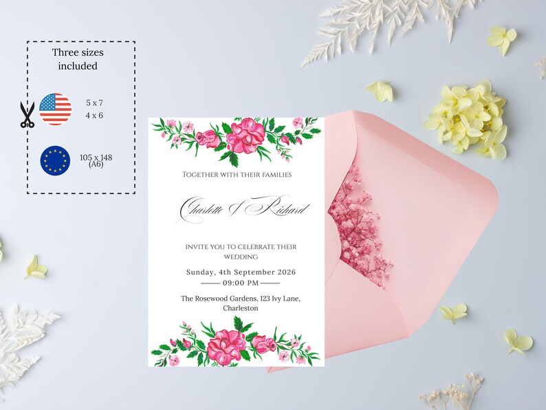 Editable Wedding Invitation Template – Elegant Rose – Canva Download - Etsy