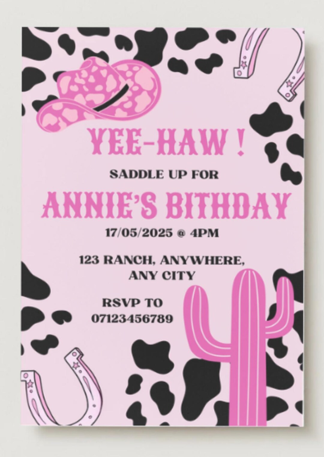 Pink Cow Print Cowgirl Birthday Invitation Digital Template and Instant ...
