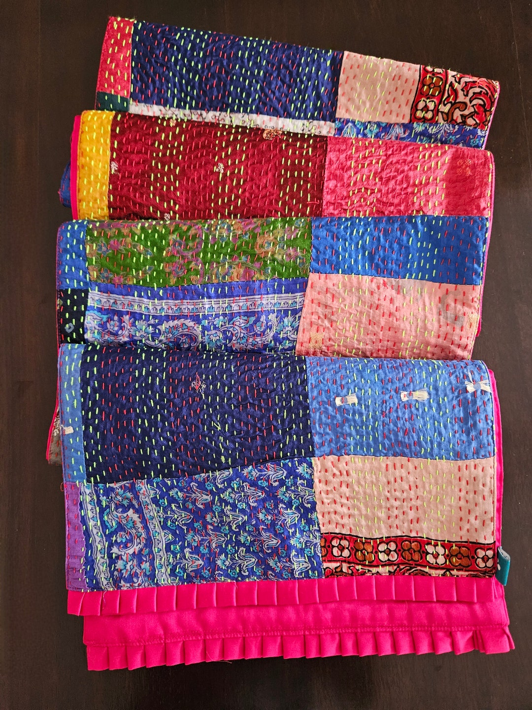 Bright Table Runner , Multi Color Vintage Sari Kantha Patchwork Table ...