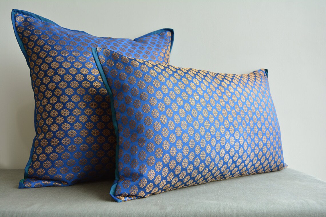 Royal Blue and Gold Brocade Pillow Dark Blue Brocade Cushion | Etsy