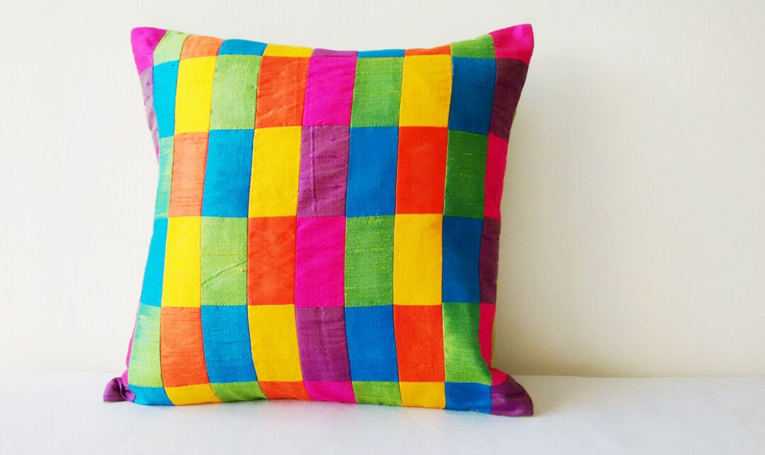 Bright Multi Colour Patchwork Pillow in Pure Dupioni Silk, Bright Decor ...