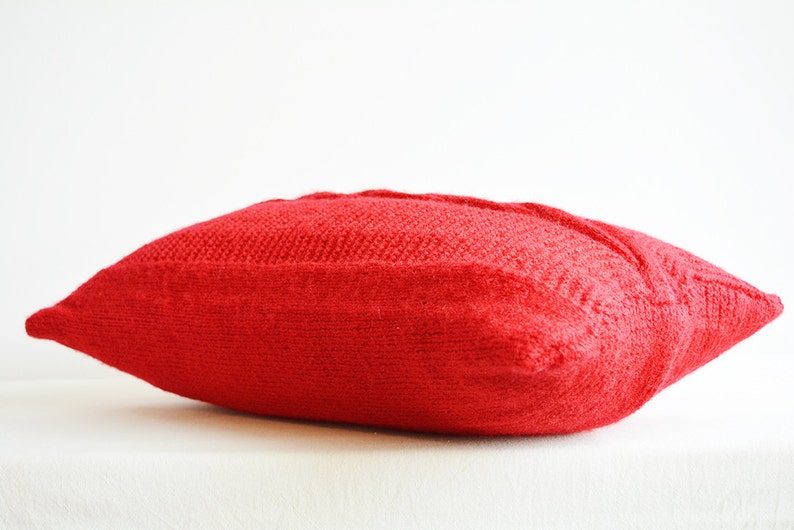 Red Hand Knitted Lumbar Pillow with Mother of Pearl Buttons | Etsy